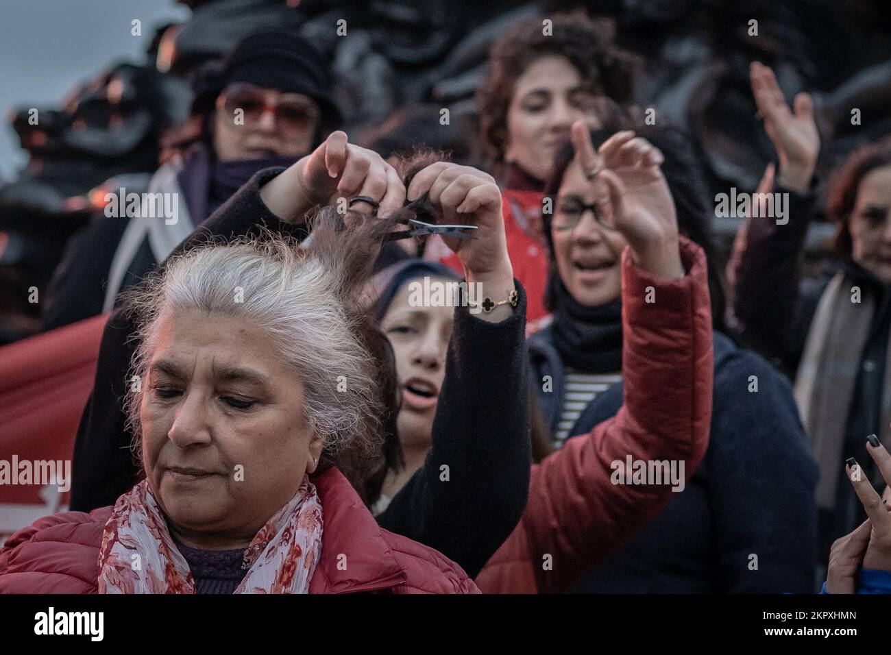 London, UK. 26th November, 2022. Iranian hair cutting protest. Dozens ...