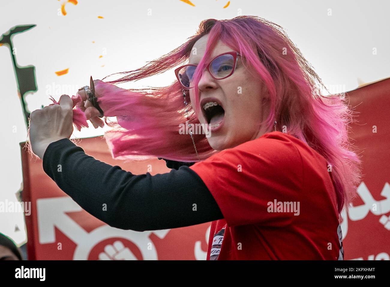 London, UK. 26th November, 2022. Iranian hair cutting protest. Dozens ...