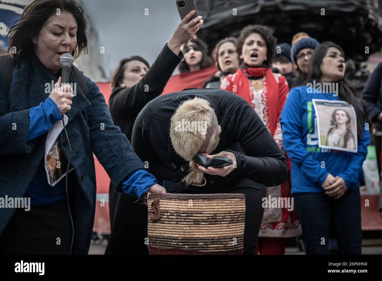 London, UK. 26th November, 2022. Iranian hair cutting protest. Dozens ...