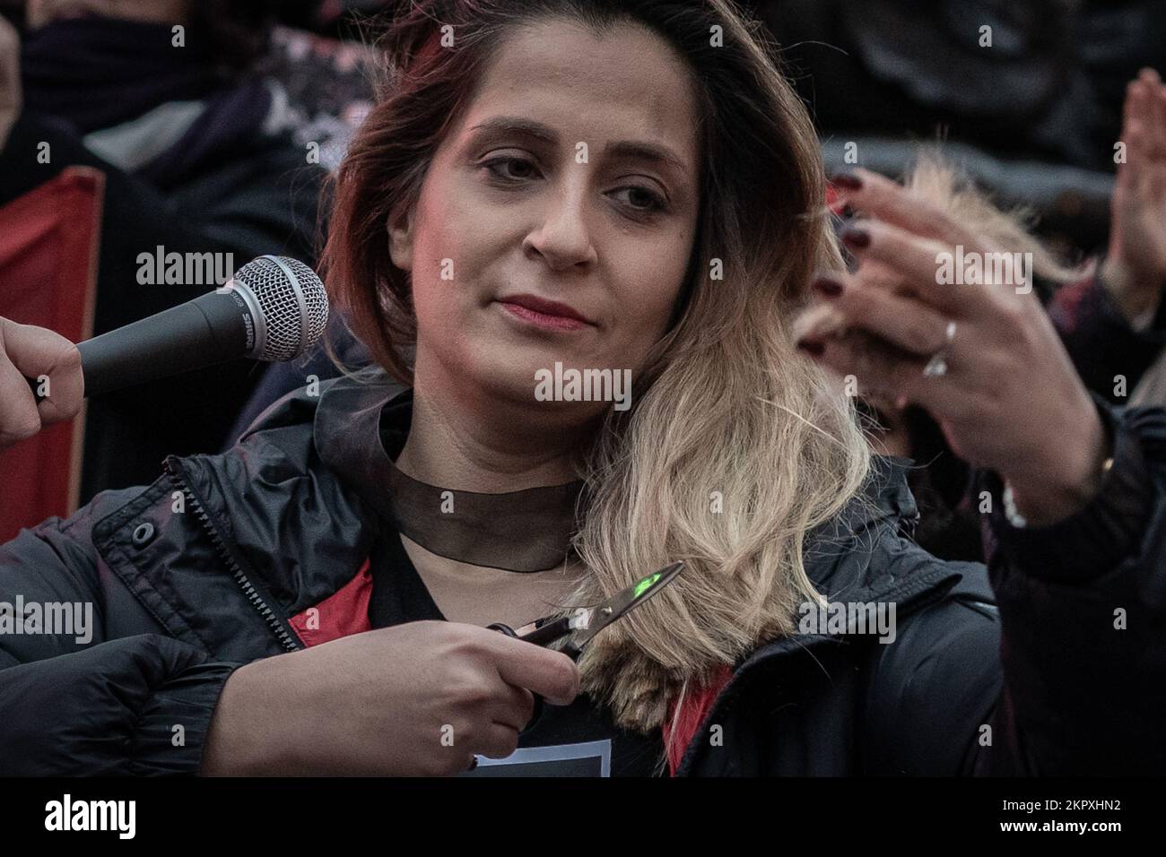 London, UK. 26th November, 2022. Iranian hair cutting protest. Dozens ...