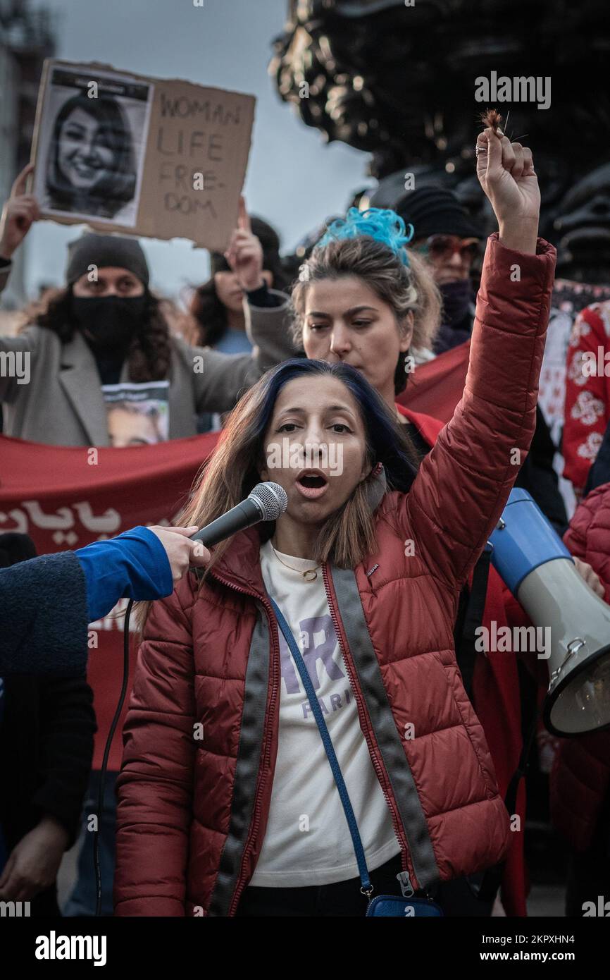 London, UK. 26th November, 2022. Iranian hair cutting protest. Dozens ...