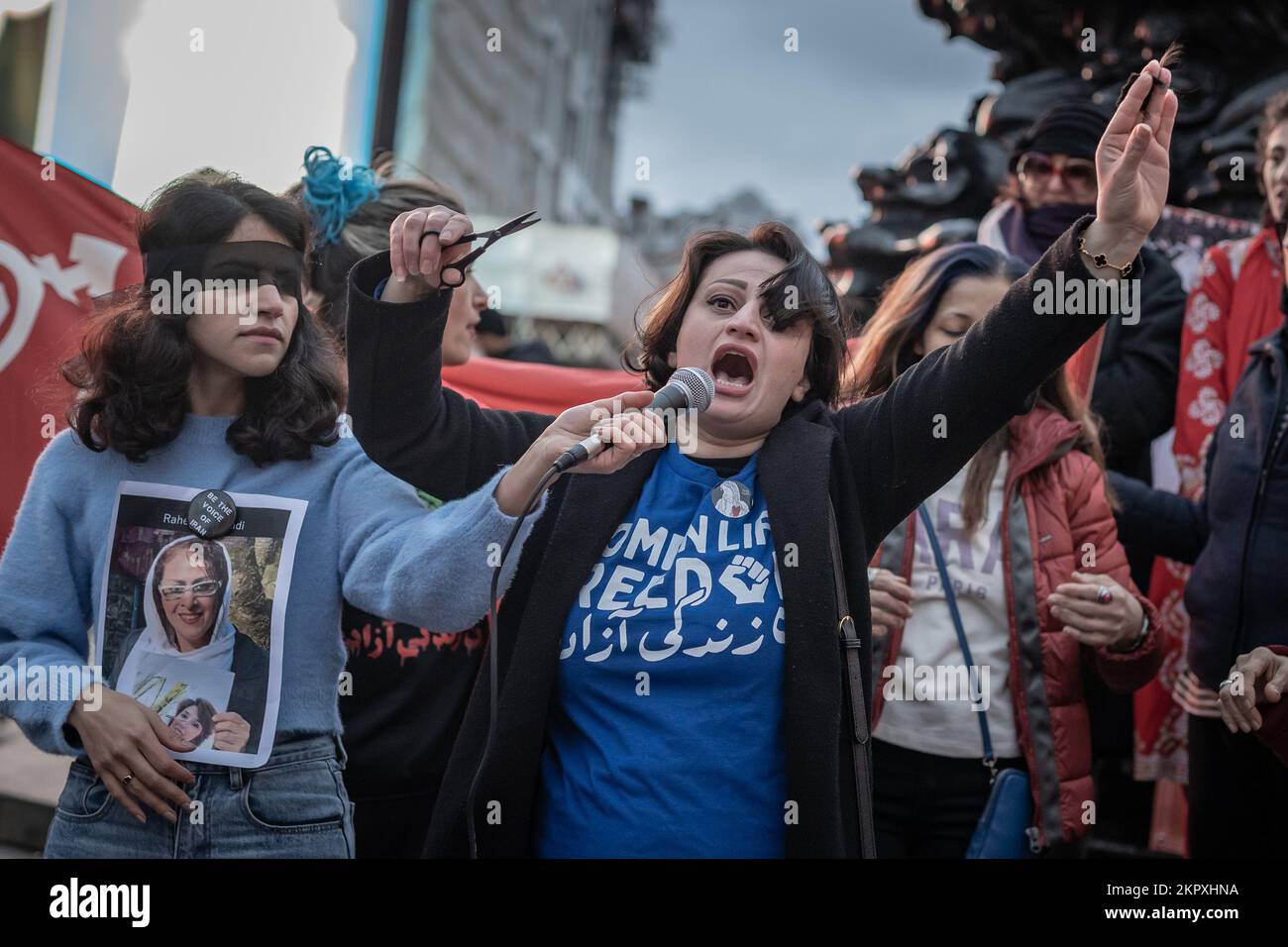 London, UK. 26th November, 2022. Iranian hair cutting protest. Dozens ...
