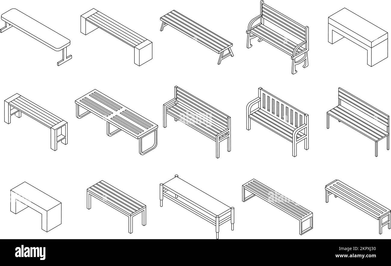 Bench icons set. Isometric set of bench vector icons outline vector on ...
