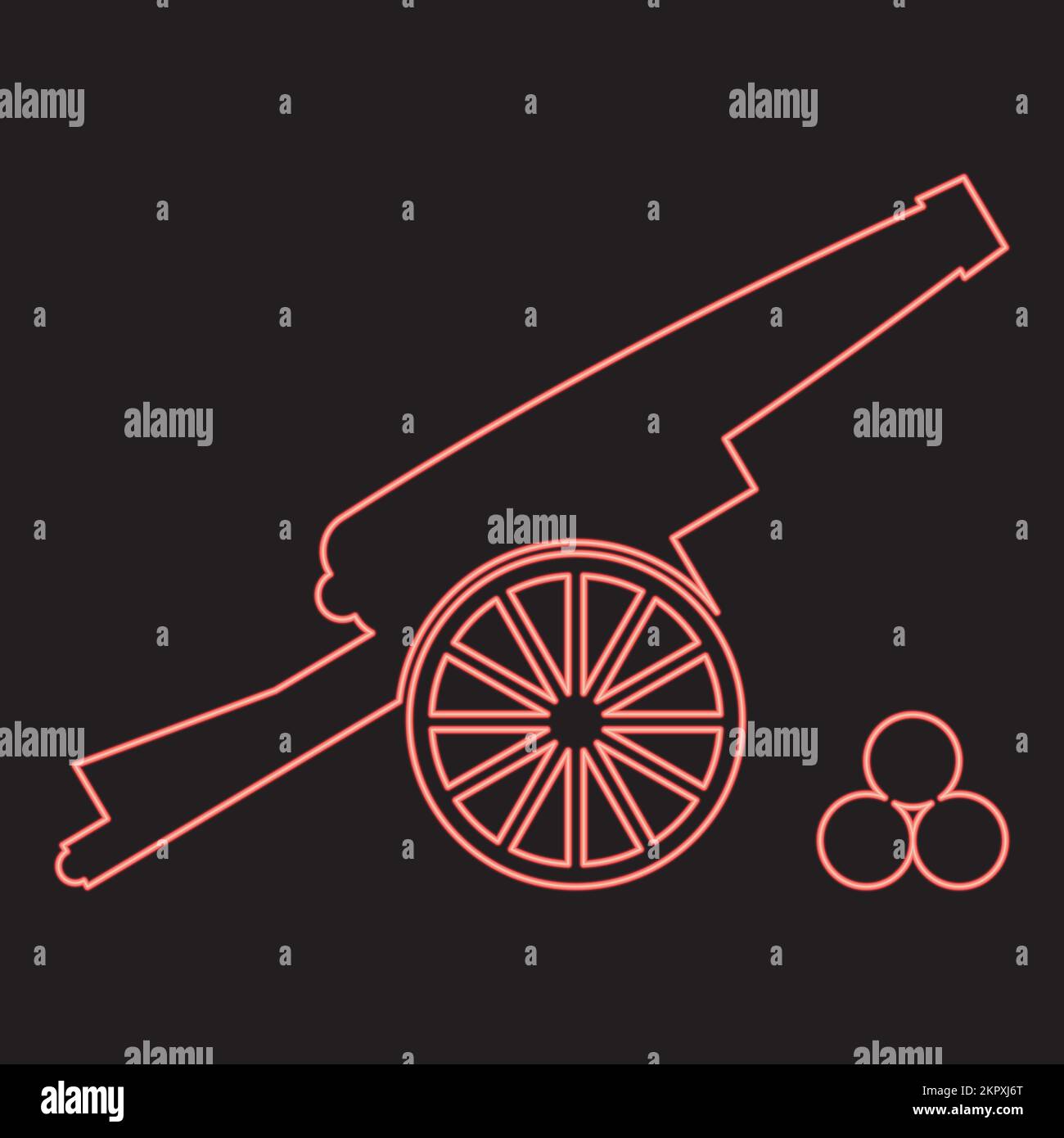 Neon medieval cannon firing cores red color vector illustration image ...