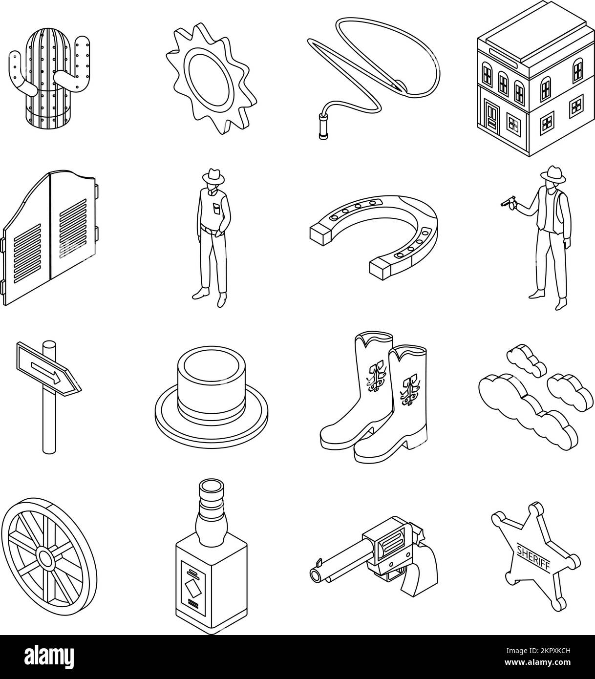 Cowboy icons set. Isometric set of cowboy vector icons outline vector ...