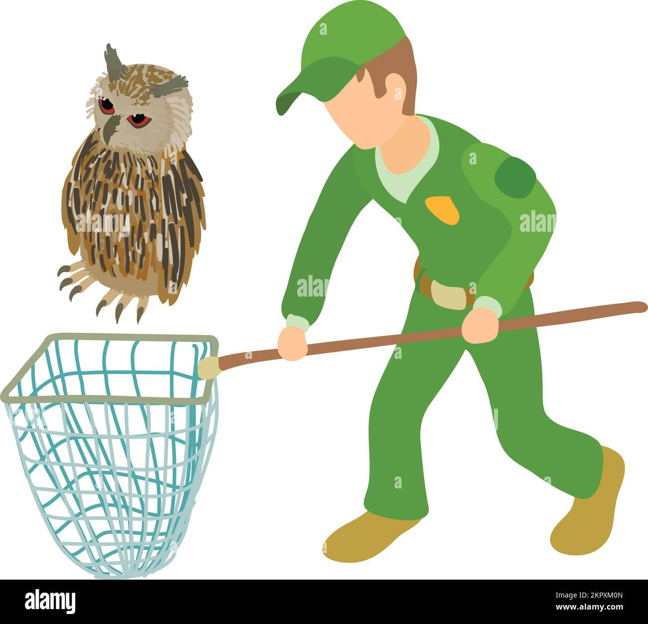 Trapping bird icon isometric vector. Man in uniform with landing net ...