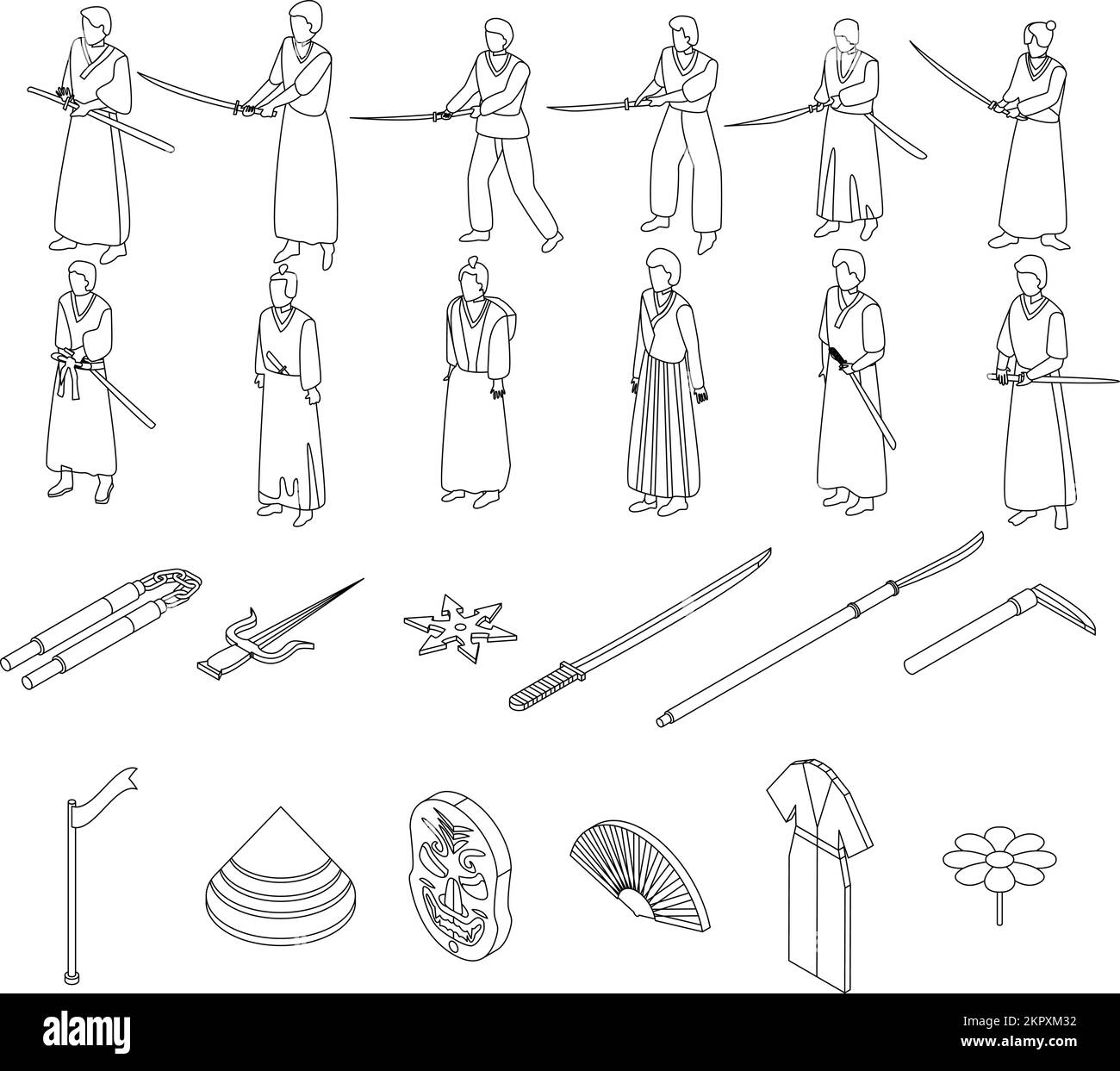Samurai icons set. Isometric set of samurai vector icons outline vector ...