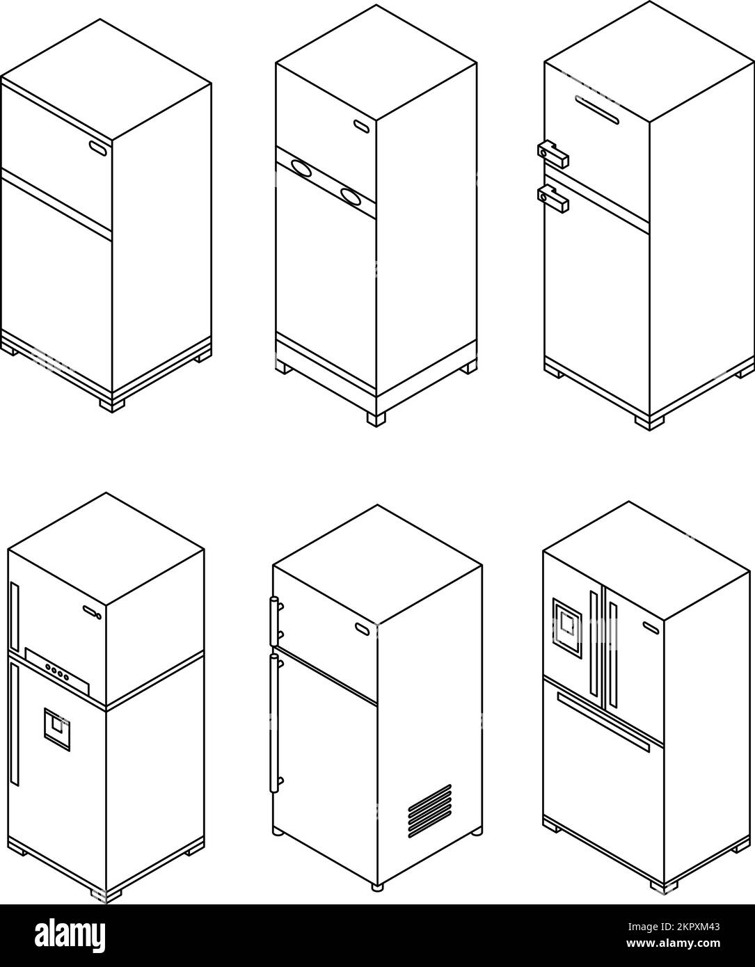 Fridge icons set. Isometric set of fridge vector icons outline vector ...