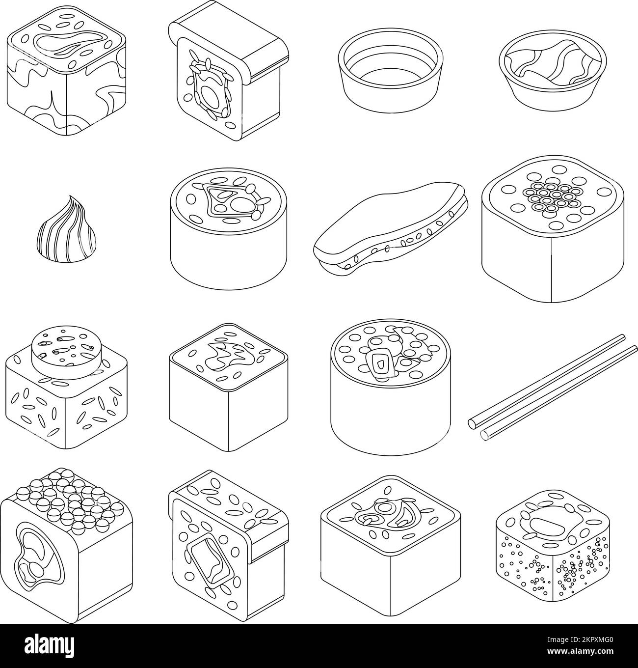 Sushi roll icons set. Isometric set of sushi roll vector icons outline ...