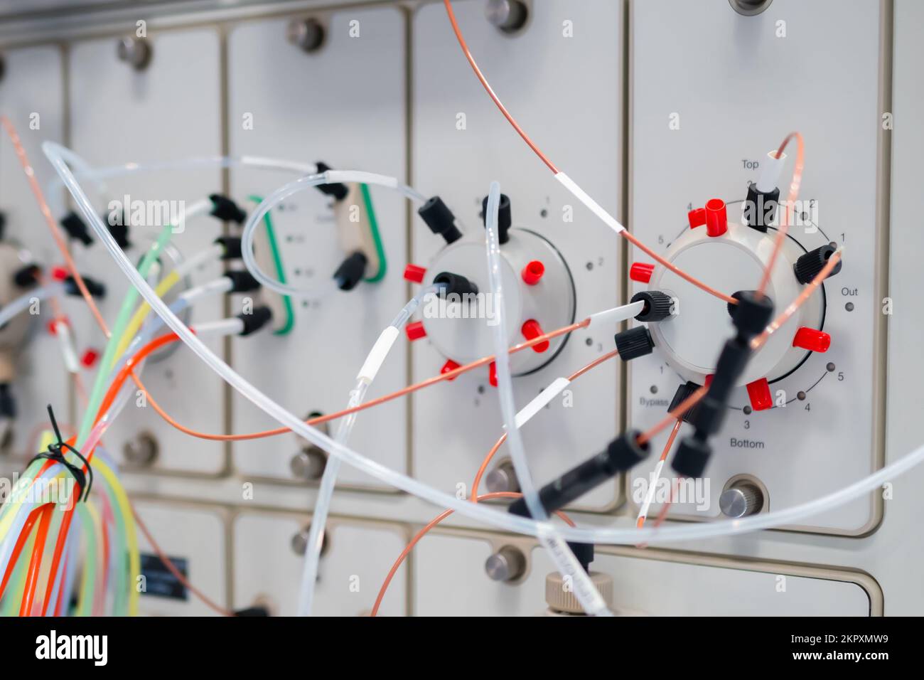 Close up of liquid phase chromatography system, tubes and hoses Stock ...