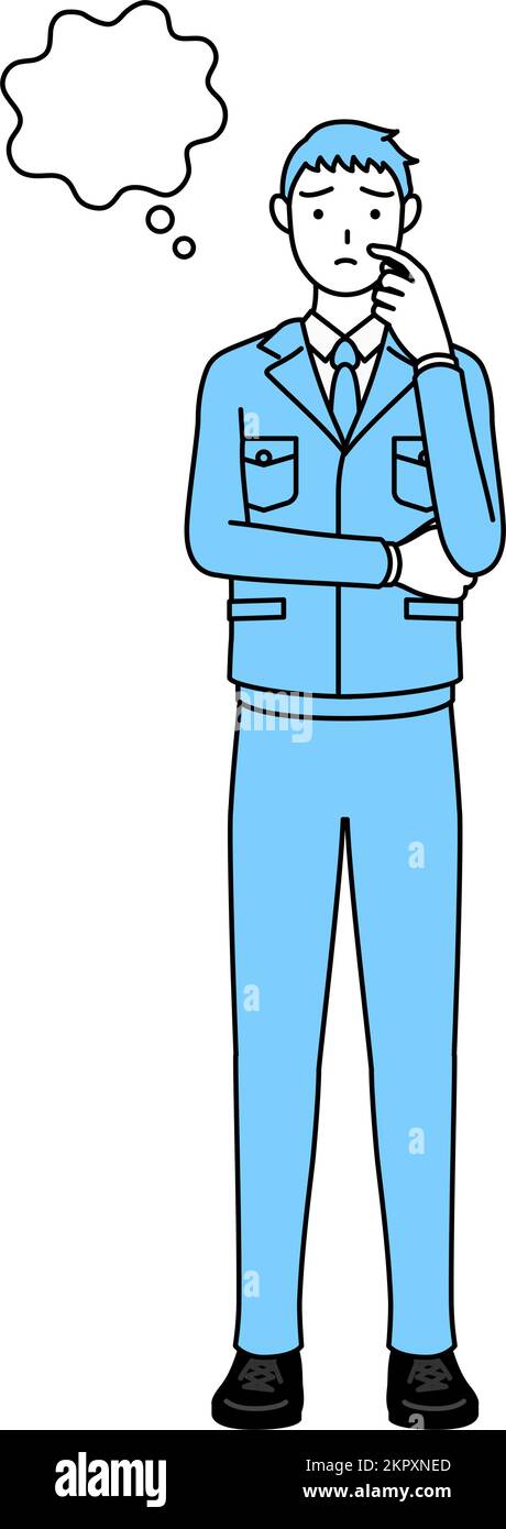 Simple line drawing of a Man in work clothes thinking while scratching ...