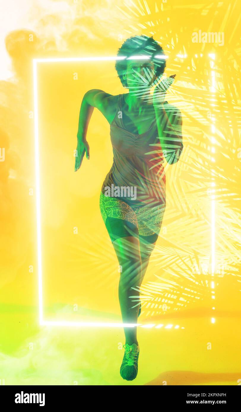 Multiple exposure of african american female athlete running with leaf ...