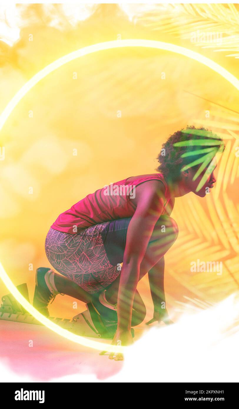 Composite image of young african american female athlete beginning race ...