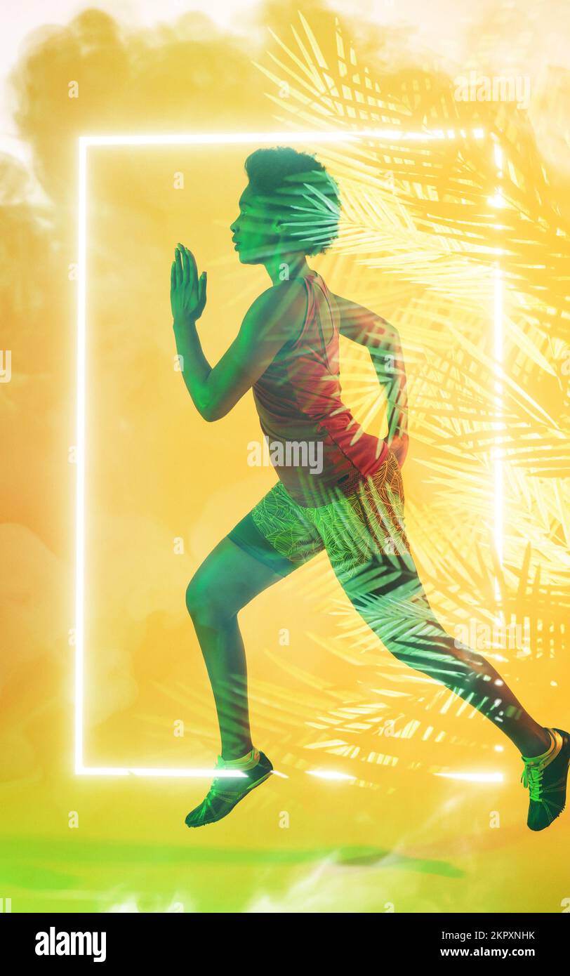 Multiple exposure of dedicated african american female athlete running ...