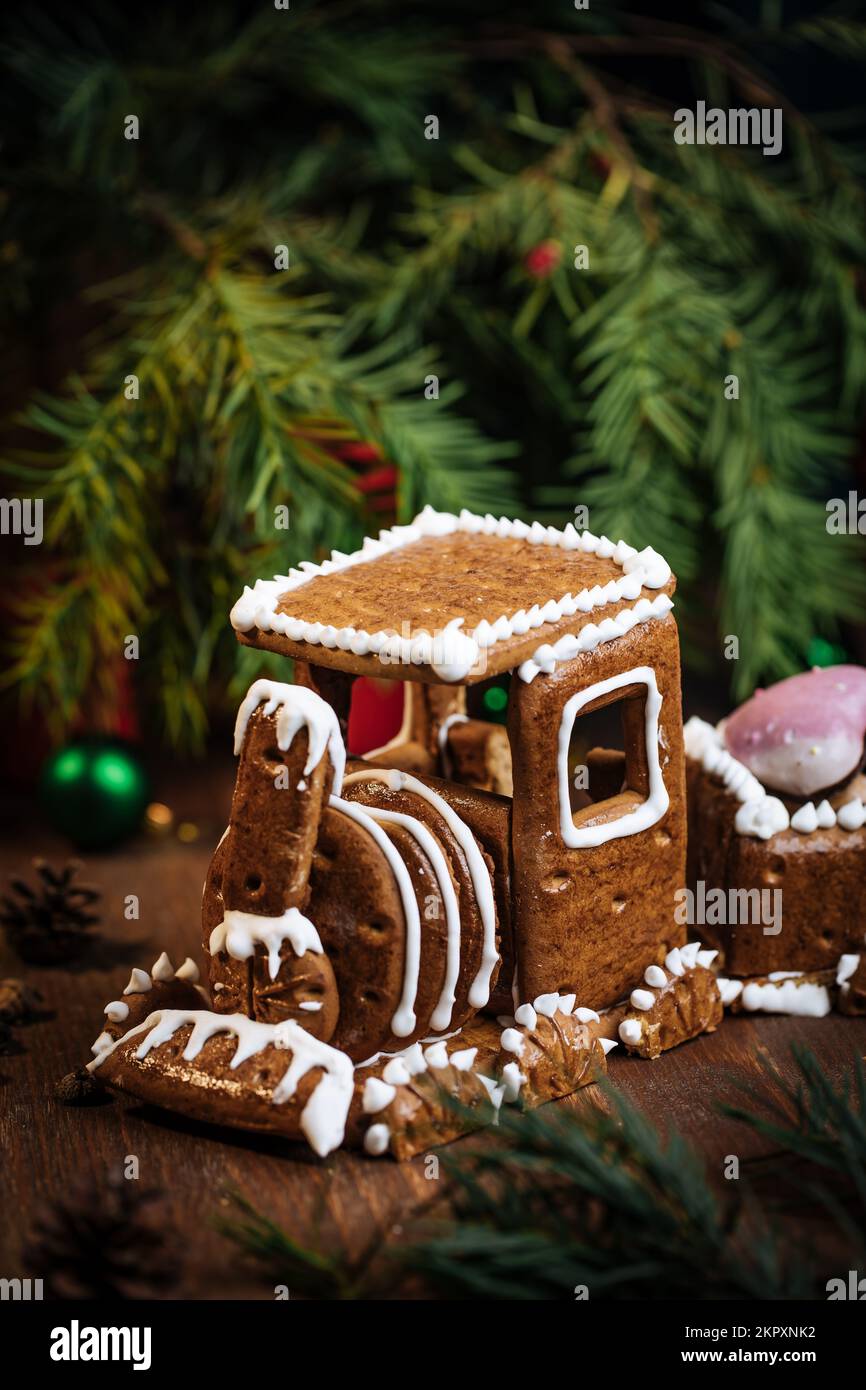 Train made from gingerbread cookies with festive atmosphere in the ...
