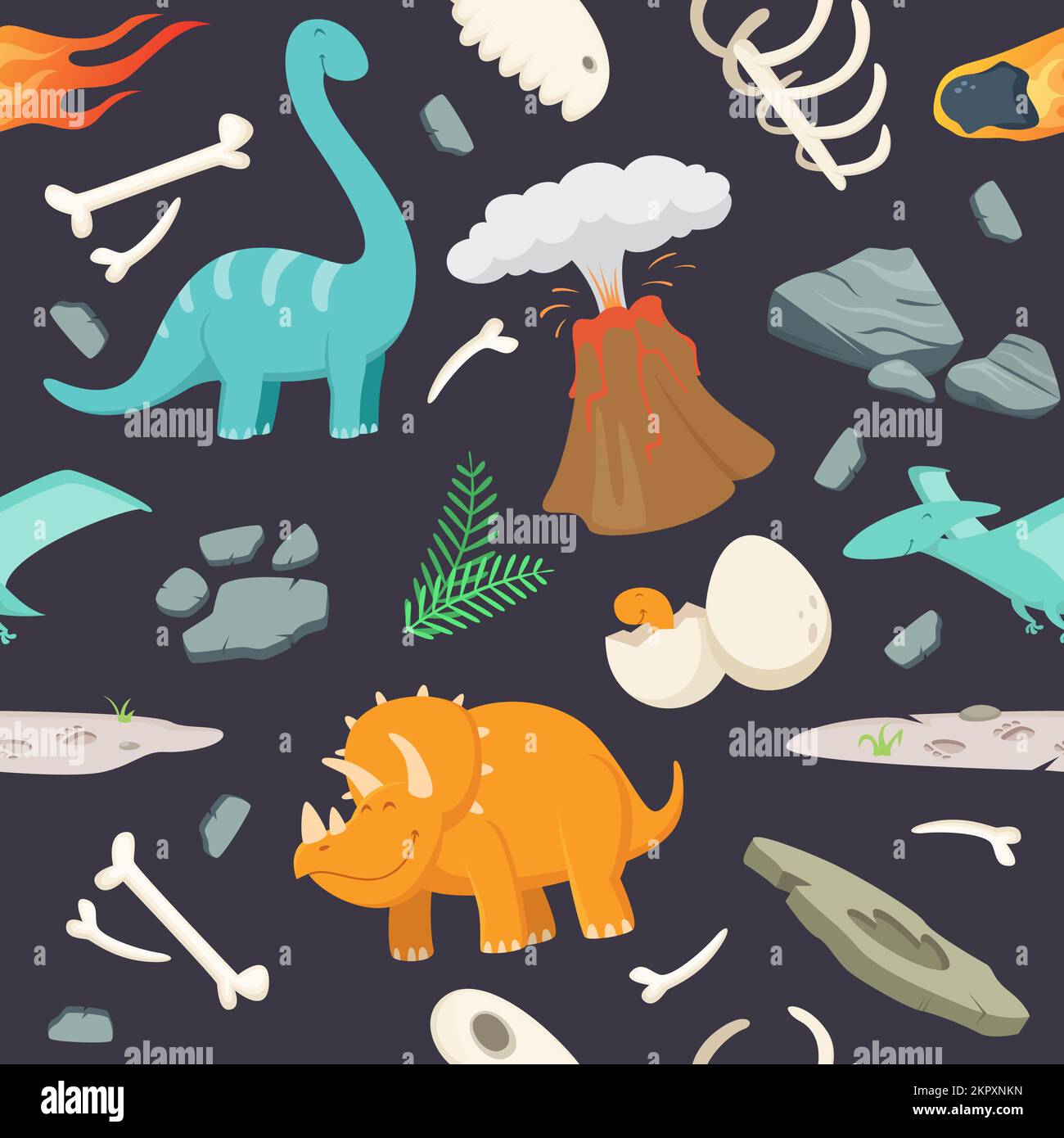 Dinosaur pattern. cave prehistoric period objects bones rocks volcano ...