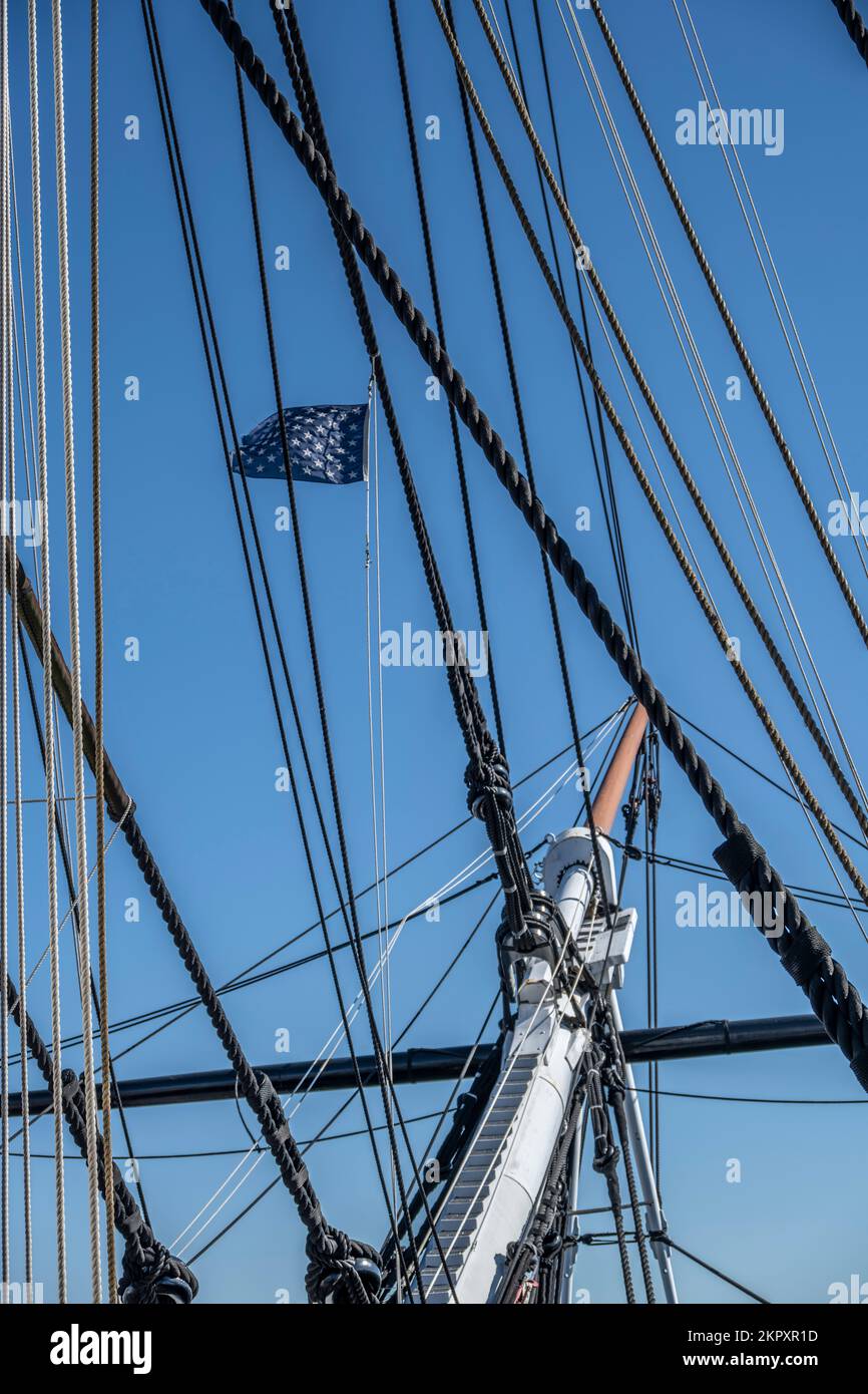 the bowsprit of the USS Constitution with the American Union Jack flag ...