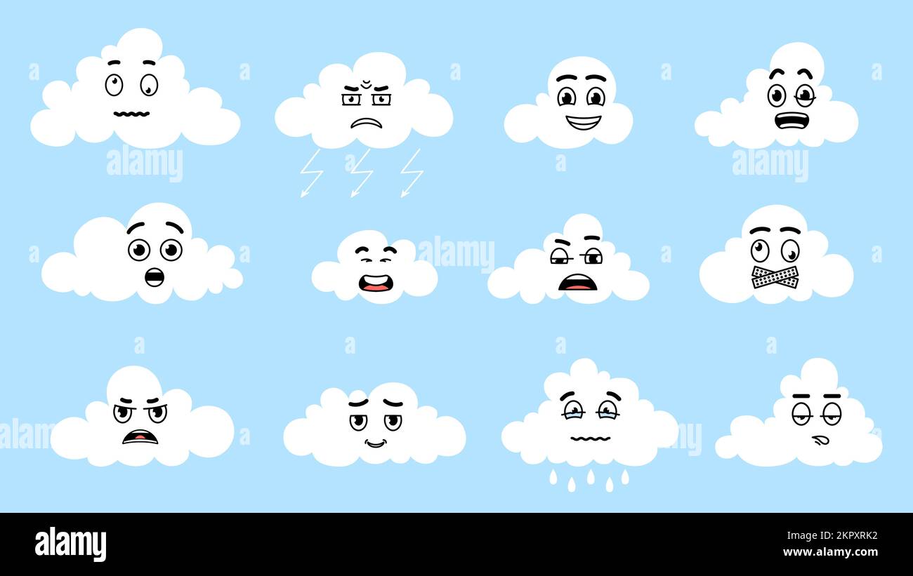 Cute cartoon white clouds expression faces. Isolated cloud with ...