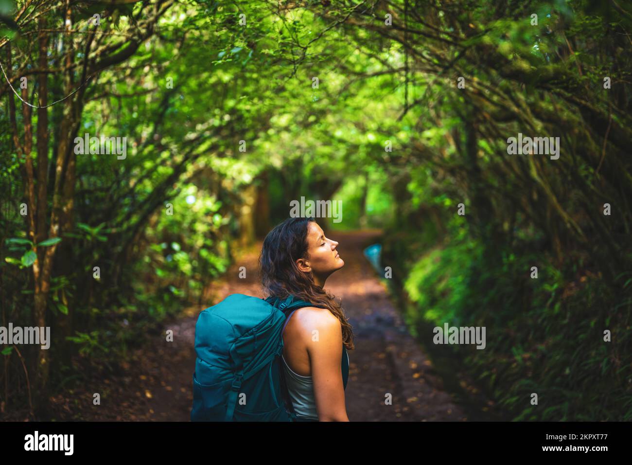 Description: Beautiful woman with backpackenjoys beautiful calm forest ...