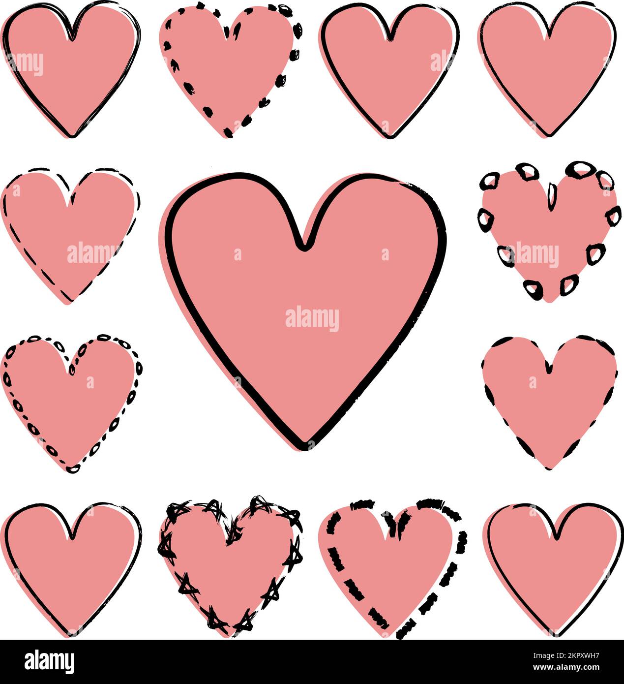 Grunge line hearts, creative heart collection. Different stroke ink ...