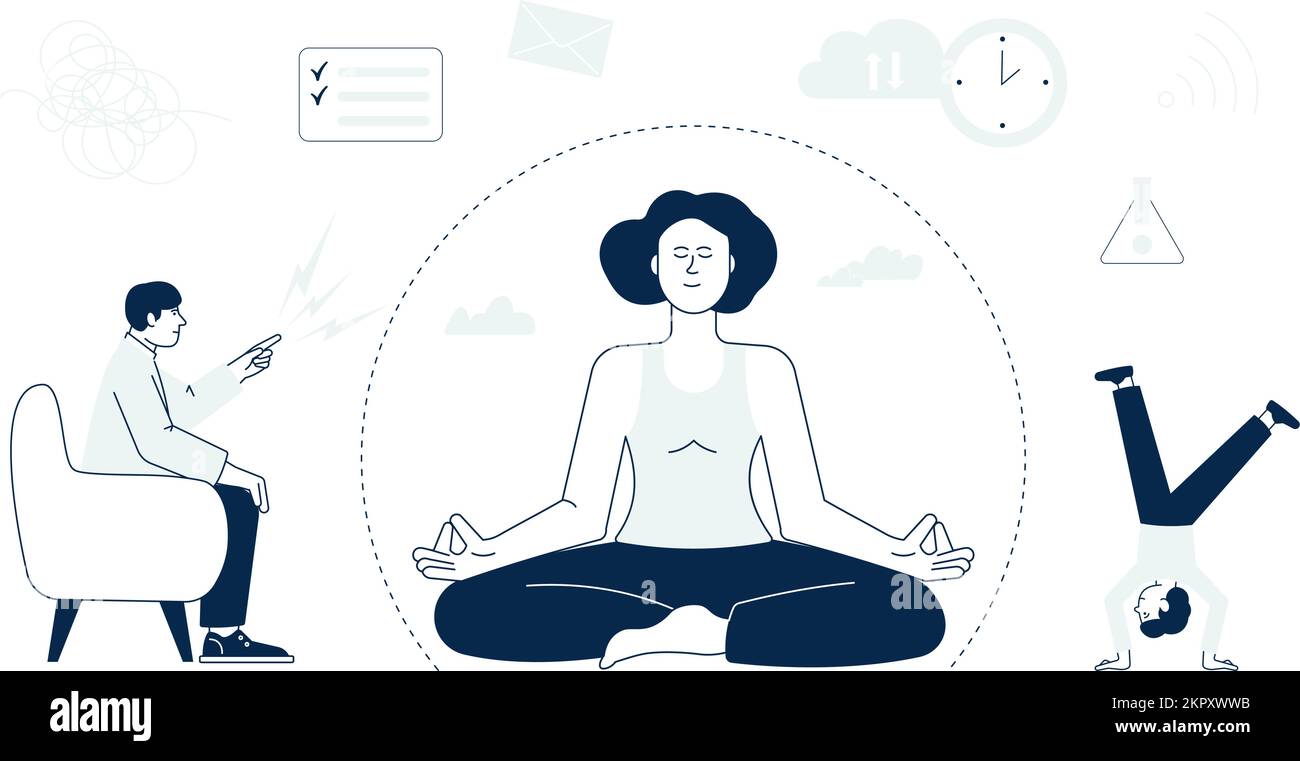 Woman keep calm with meditation process. Family problems, husband ...