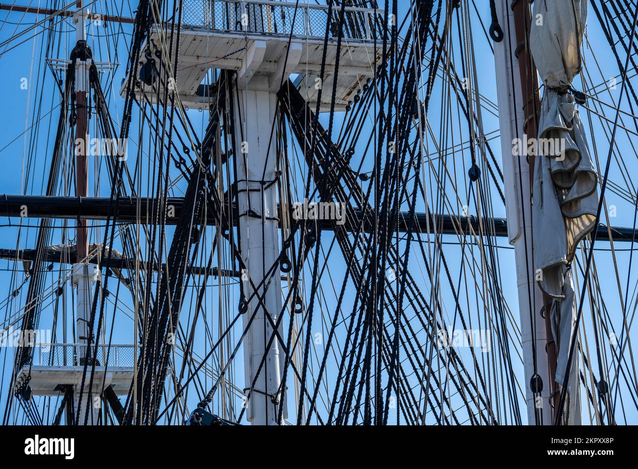 many ropes on the rigging of a three mast sailing ship Stock Photo - Alamy