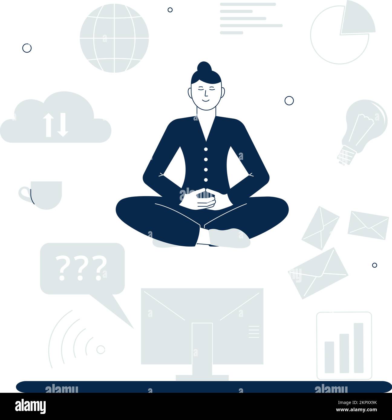 Business woman meditation on workplace. Deadline and work chaos, calm ...