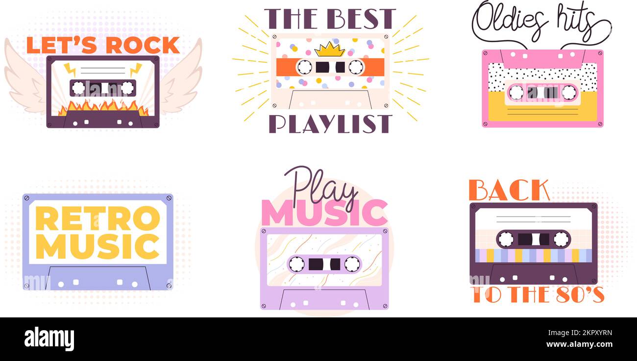 Audio cassette music badges with tape. Retro musical prints, 90s 80s ...