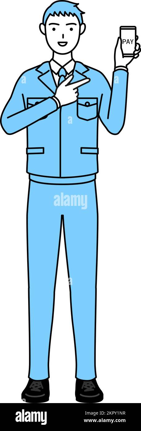 Simple line drawing of a Man in work clothes recommending cashless ...