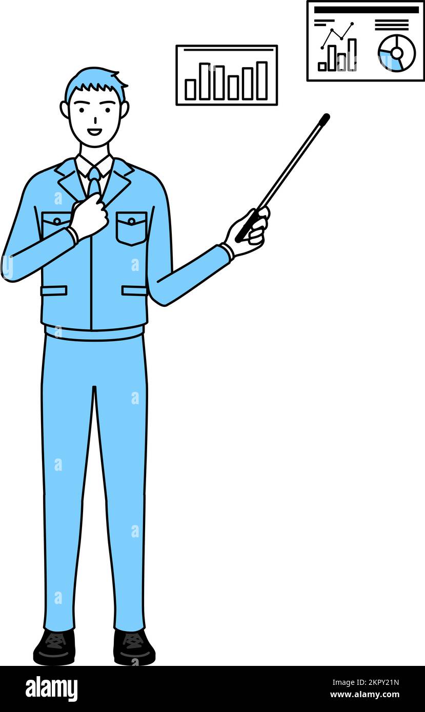 Simple line drawing of a Man in work clothes analyzing a performance ...