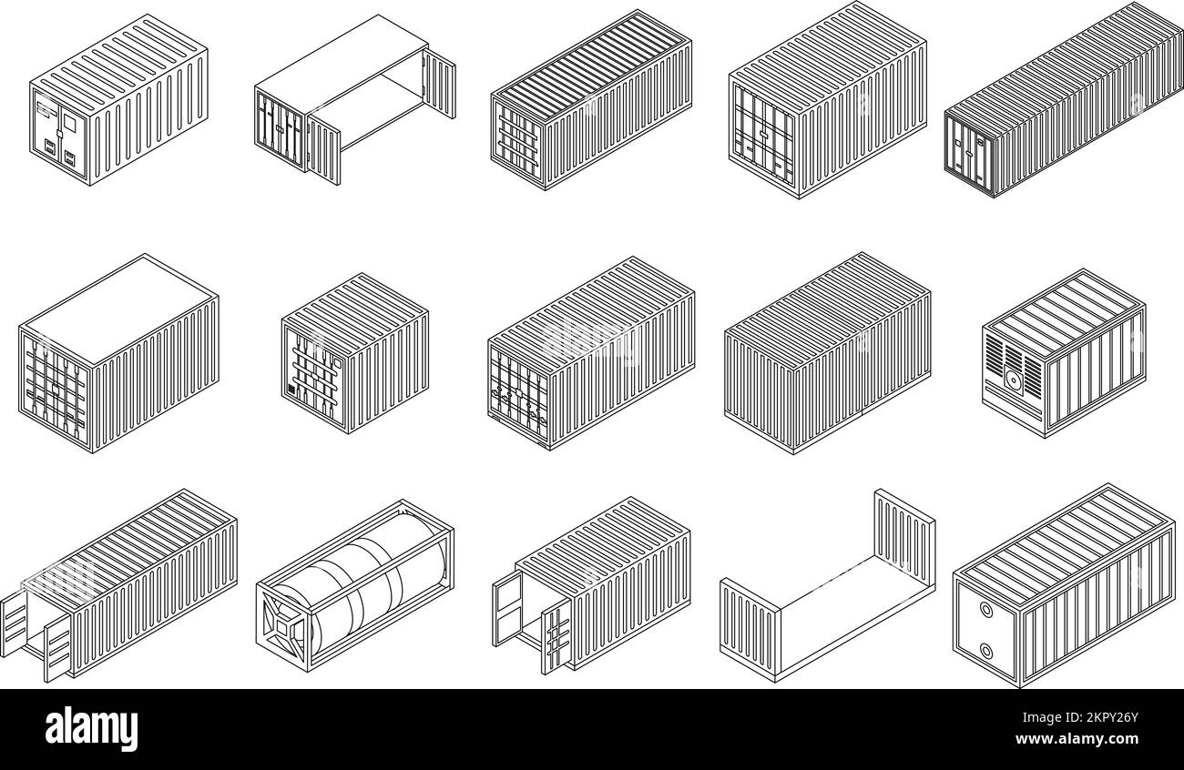 Cargo container icons set. Isometric set of cargo container vector icons outline vector on white ...