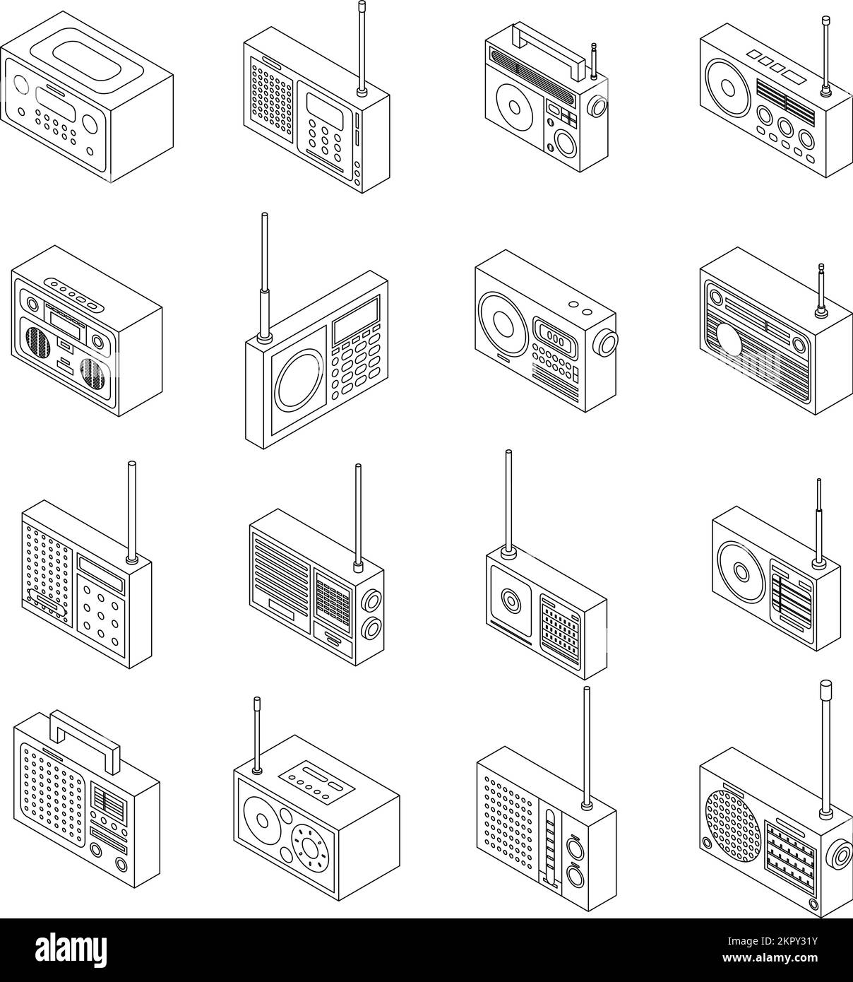 Radio icons set. Isometric set of radio vector icons outline vector on ...