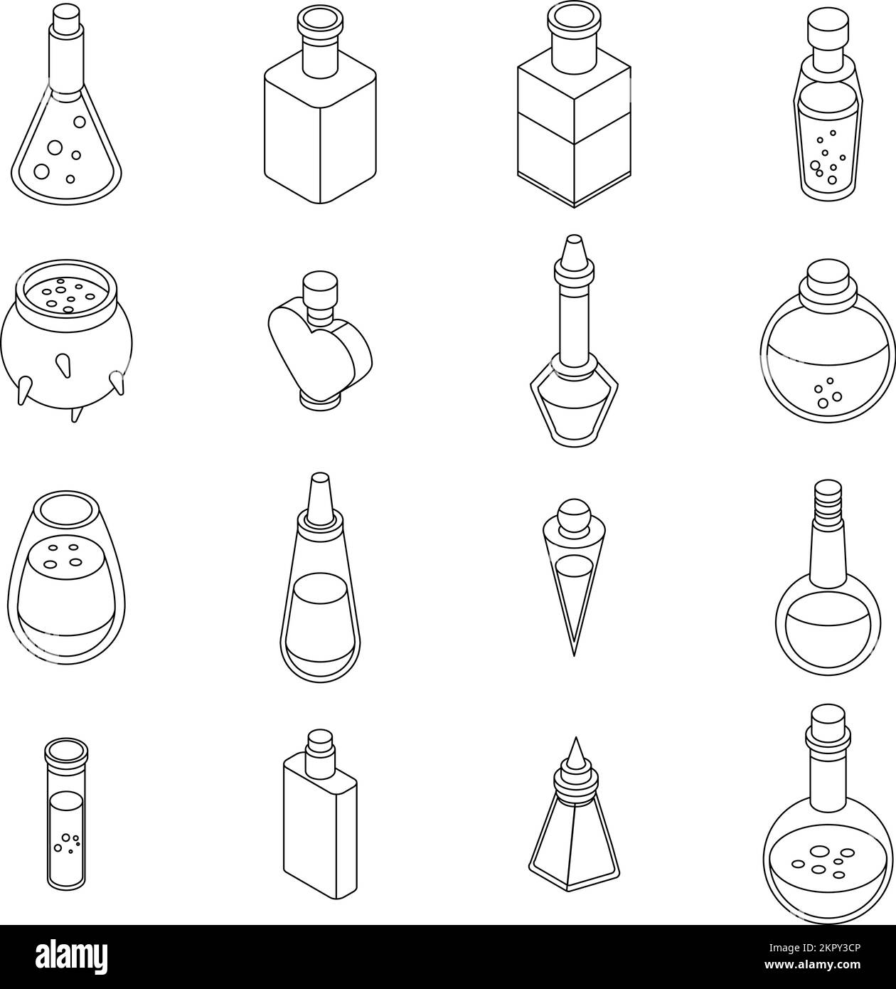 Potion icons set. Isometric set of potion vector icons outline vector on white background Stock ...