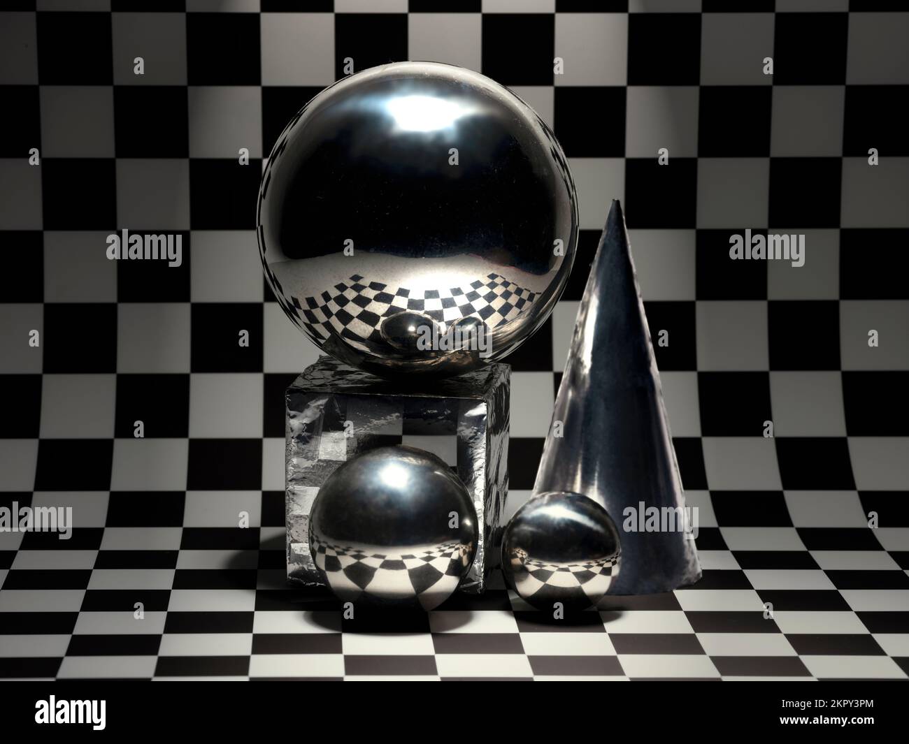 Assorted geometric shapes and objects against a black and white checked ...