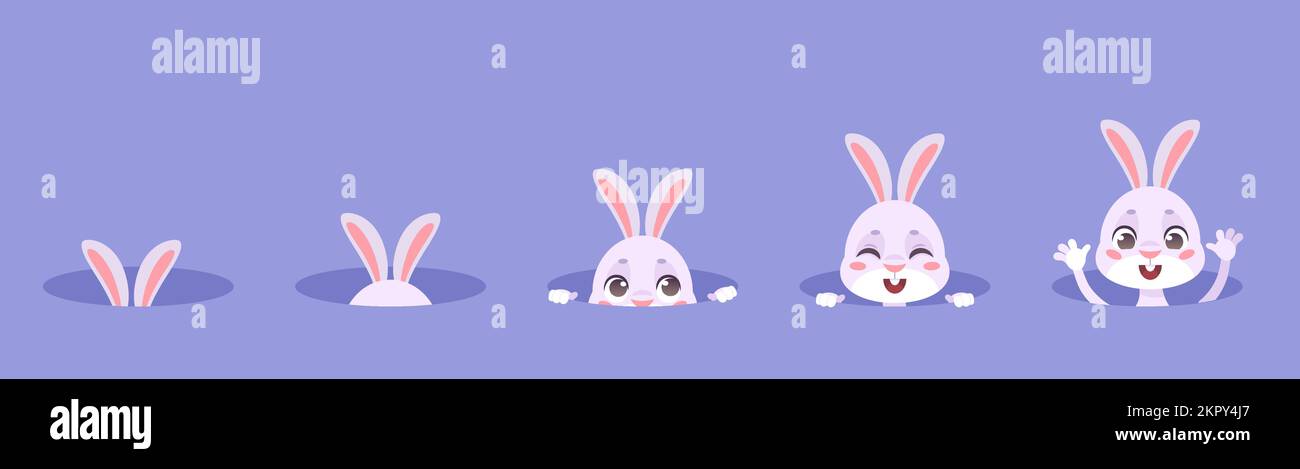 Rabbits in holes. Rabbit with ears hiding in burrow animation, easter ...