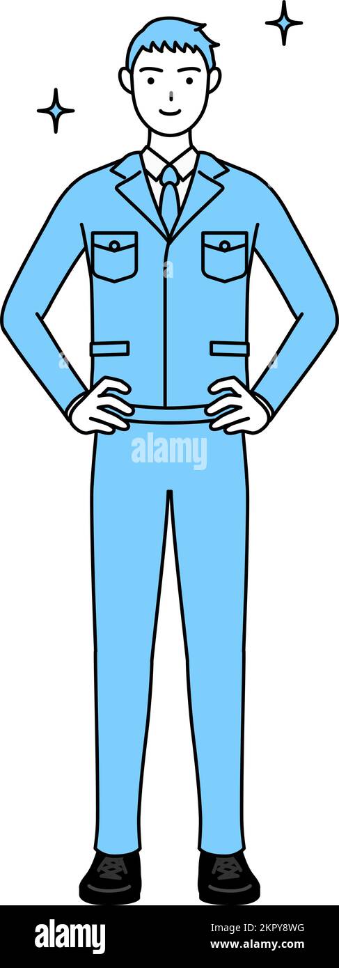 Simple line drawing of a Man in work clothes with his hands on his hips ...
