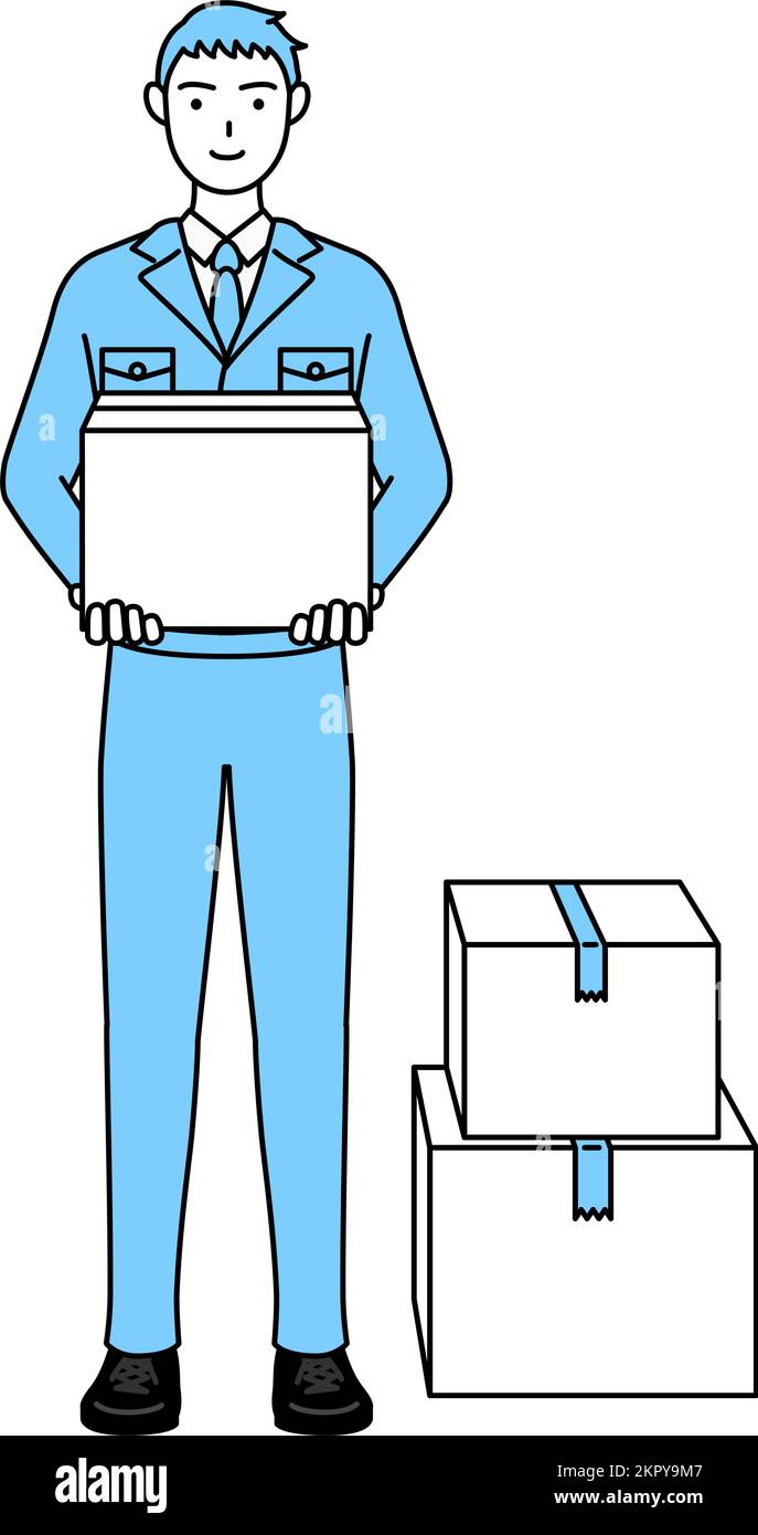 Simple line drawing of a Man in work clothes holding a cardboard box ...