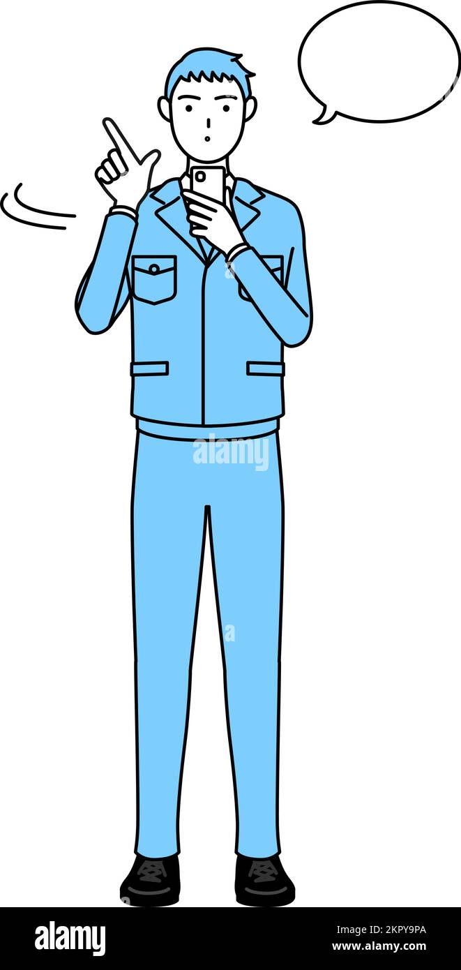 Simple line drawing of a Man in work clothes operating a smartphone ...