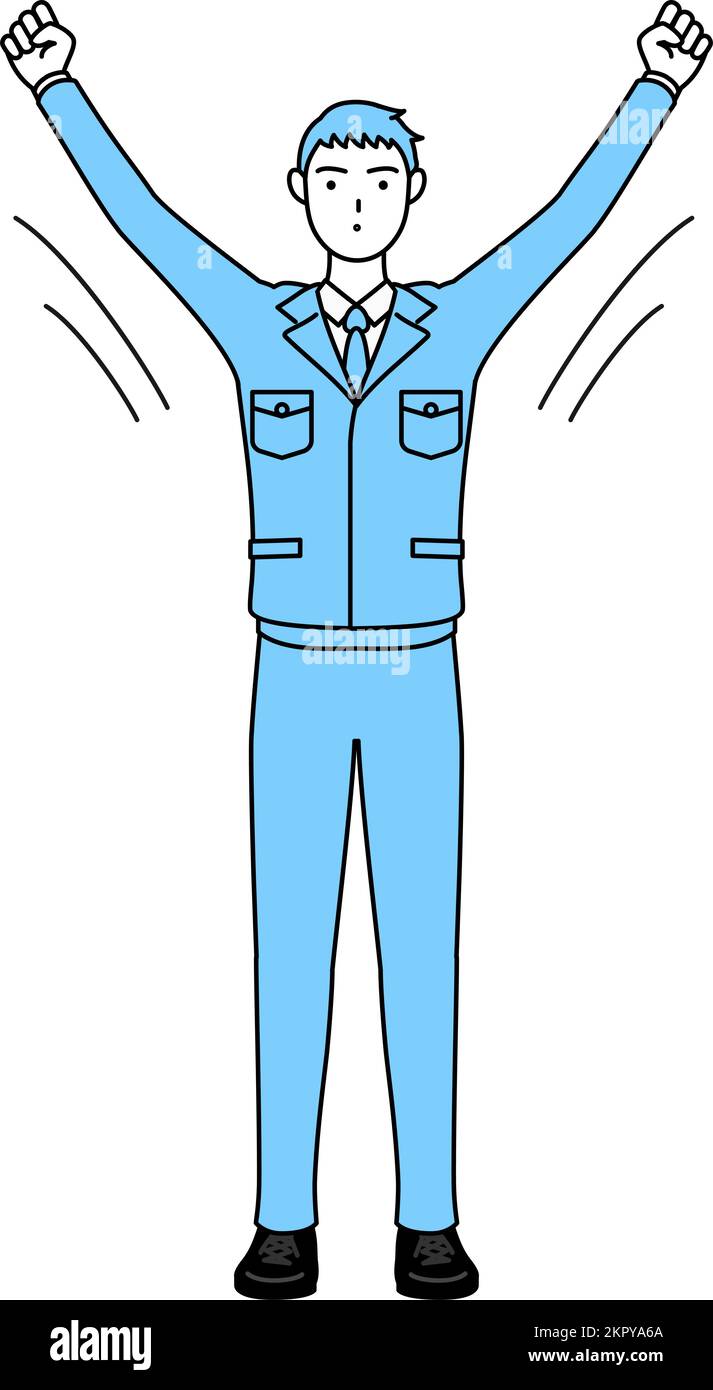 Simple line drawing of a man in work clothes doing radio calisthenics ...