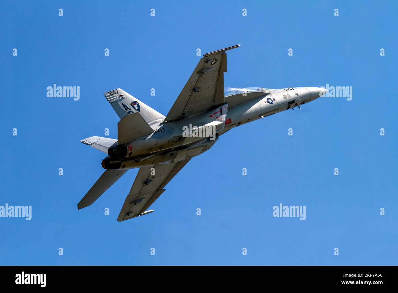 A US Navy Boeing FA-18F Super Hornet performing a flight demonstration at 2017 Airshow London in ...