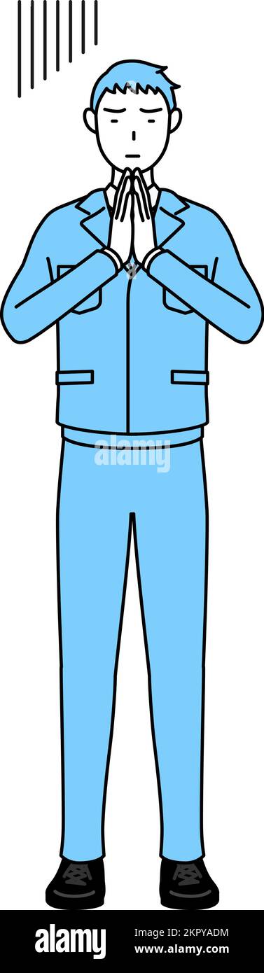 Simple line drawing of a Man in work clothes apologizing with his hands ...