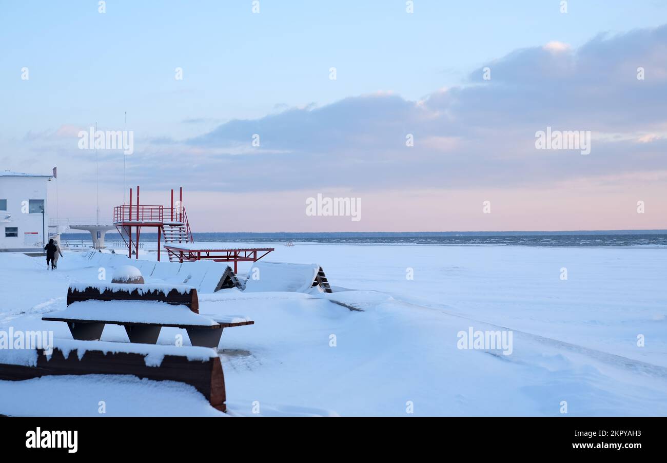 Snow on the beach during sunset. Winter landscape Stock Photo - Alamy
