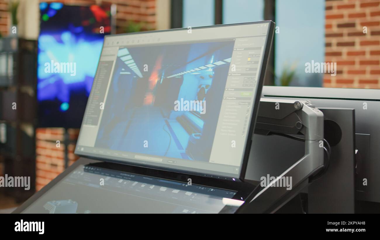 Empty development office with technology to create professional content ...