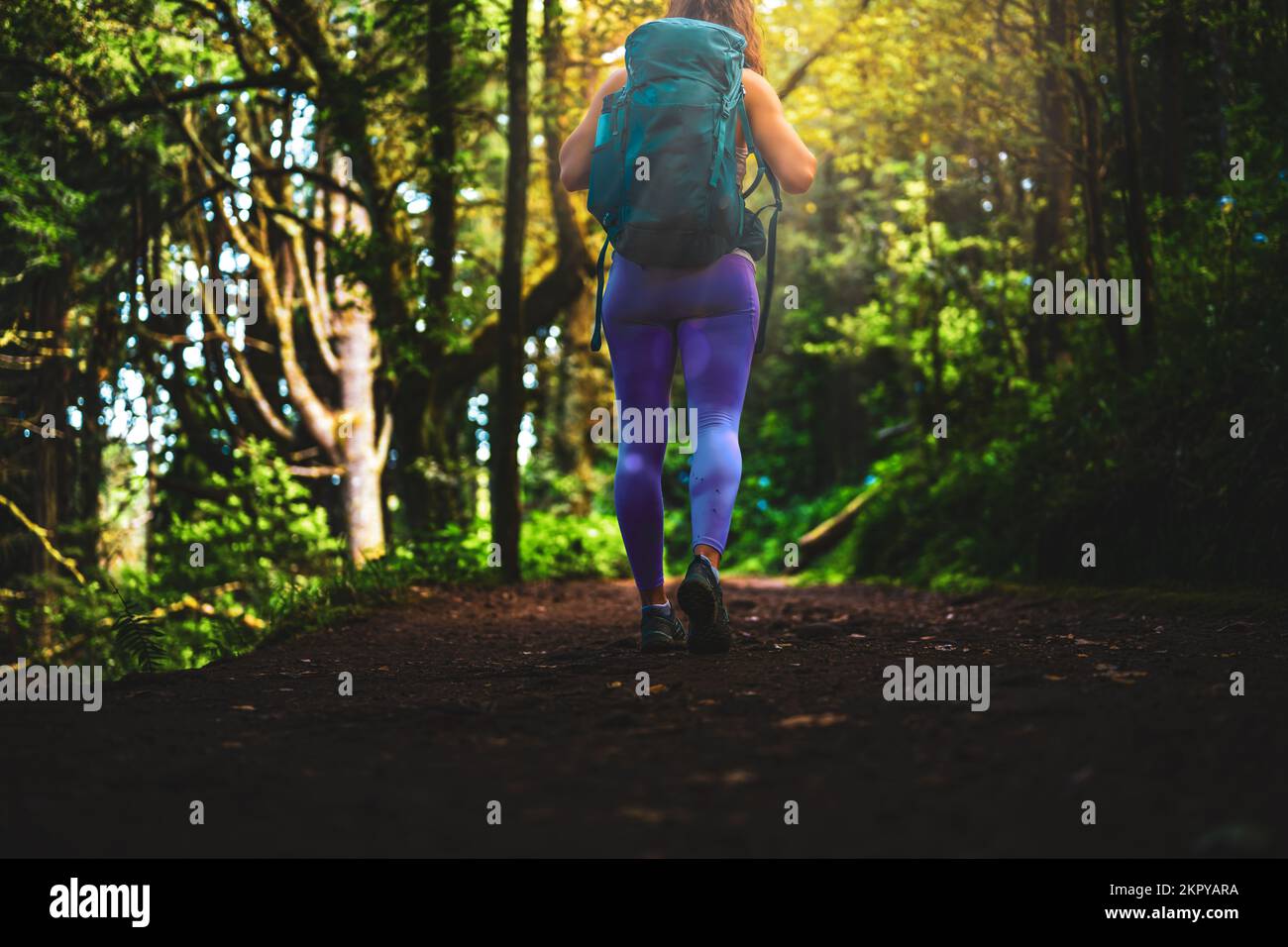 Description: Beautiful woman with backpack walking through idyllic ...