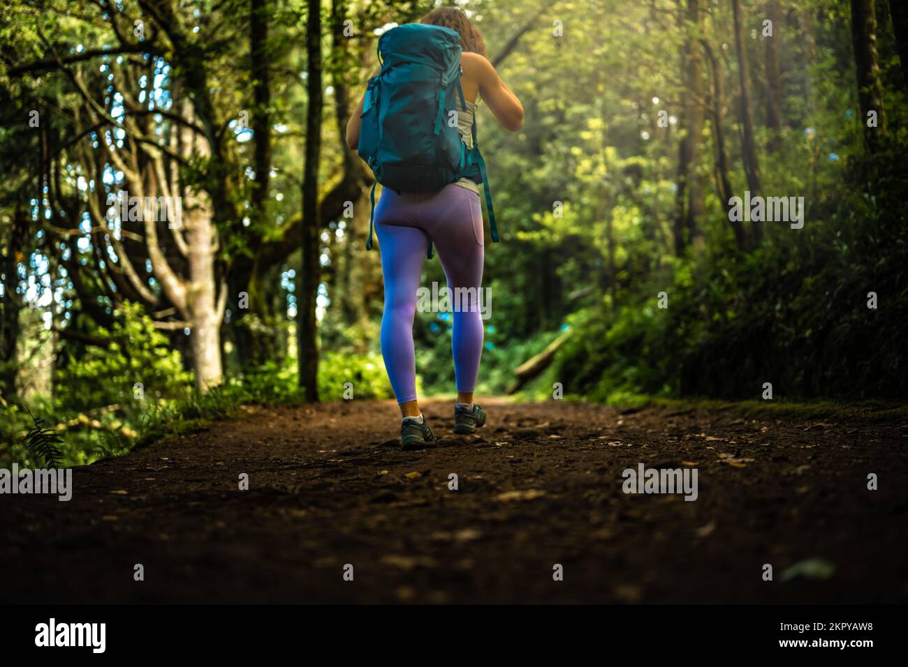 Description: Beautiful woman with backpack walking through idyllic ...