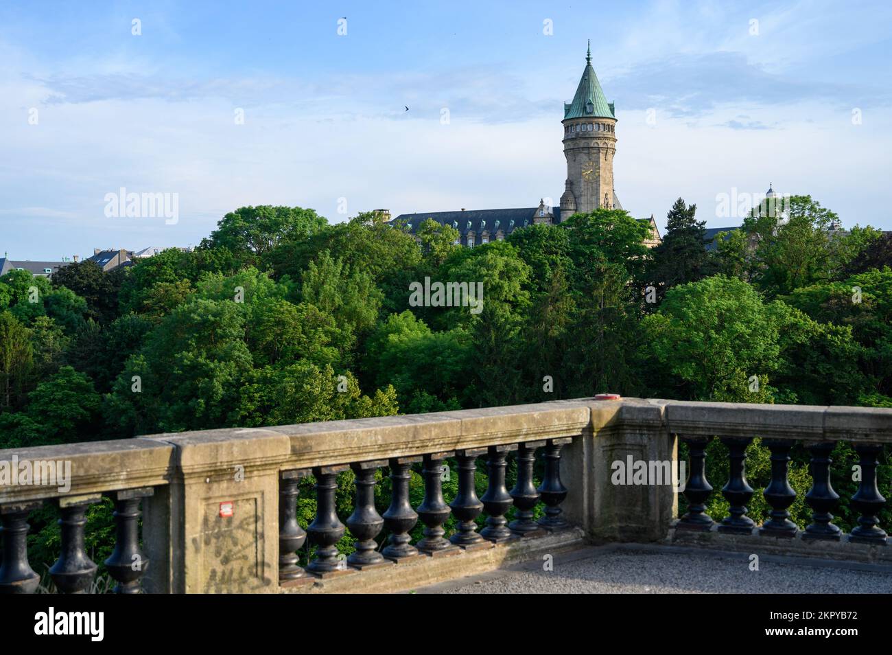 A view of the city of Luxembourg. The towering building is the State ...