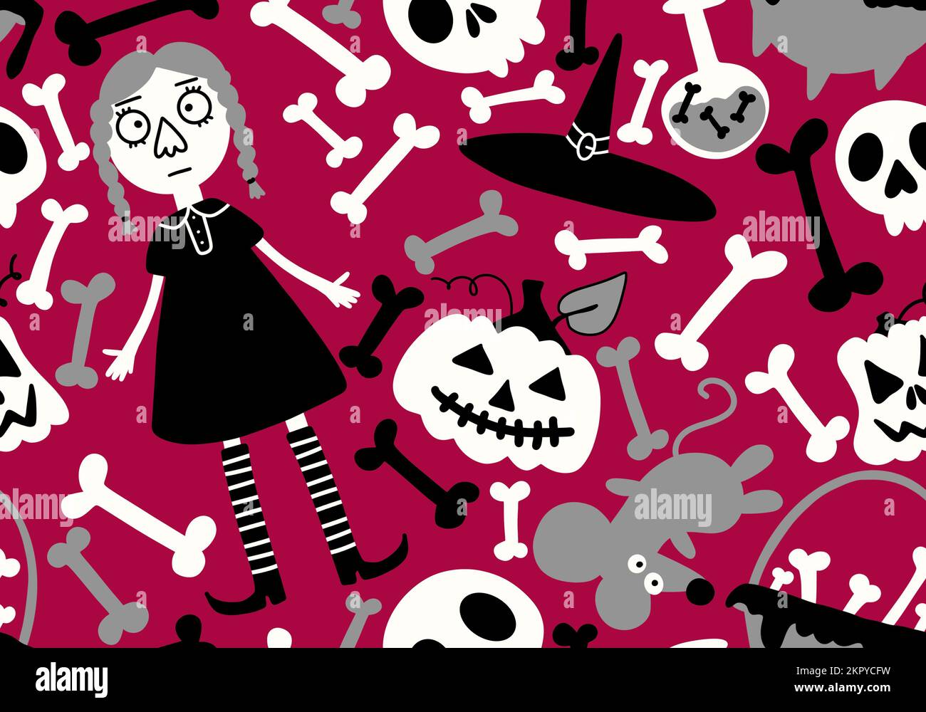 Cartoon Halloween seamless witch and bones and pumpkins pattern for ...