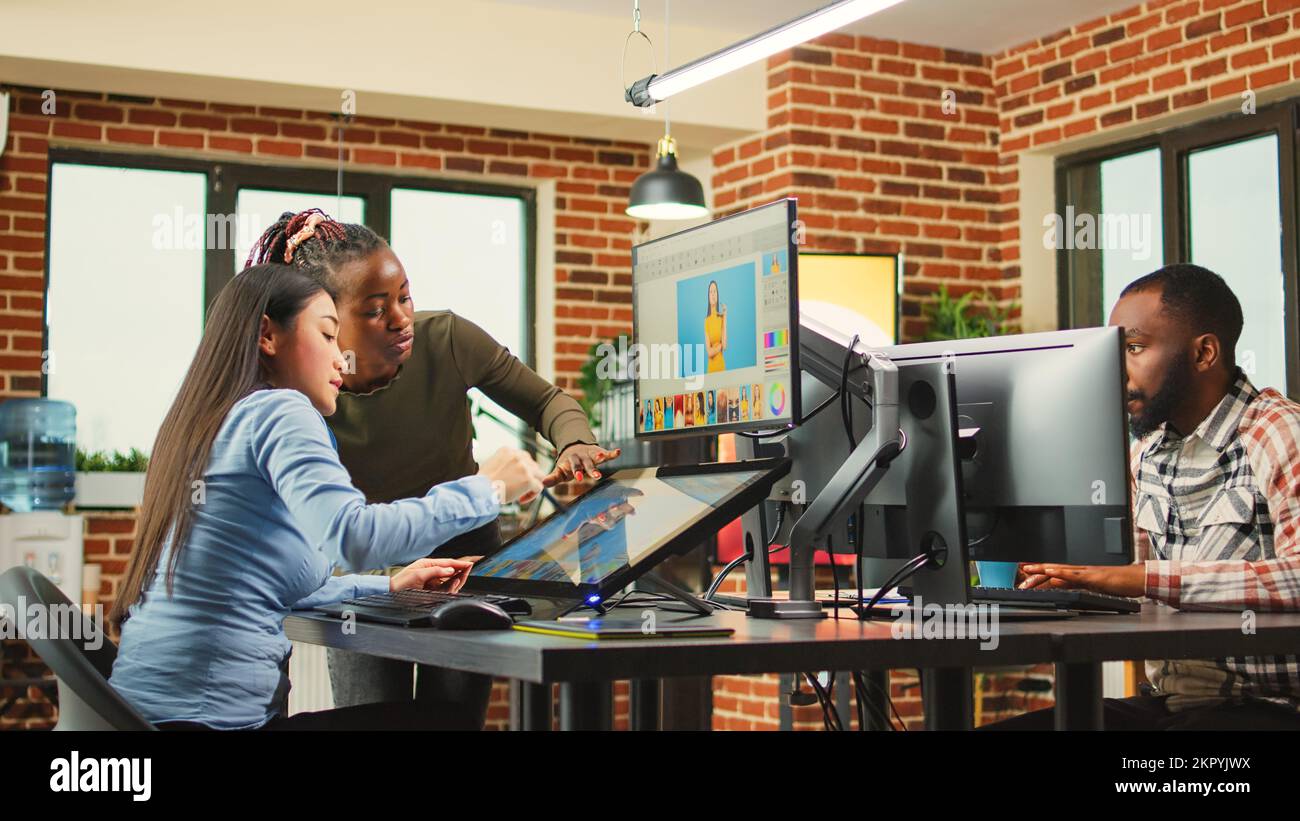 Diverse photo editors retouching pictures with editing software ...