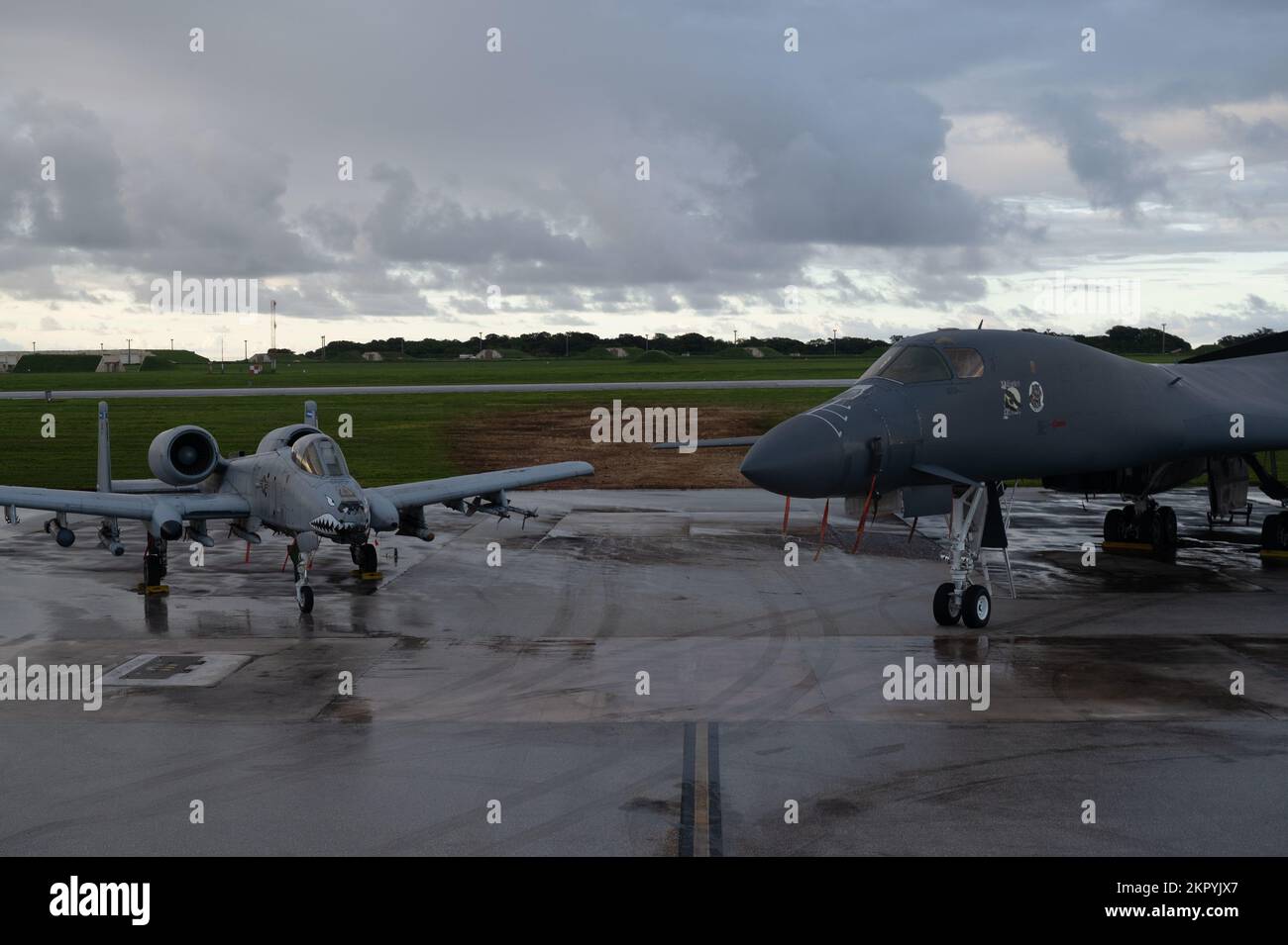 A 23rd Wing A-10C Thunderbolt II and Bomber Task Force B-1B Lancer sit ...