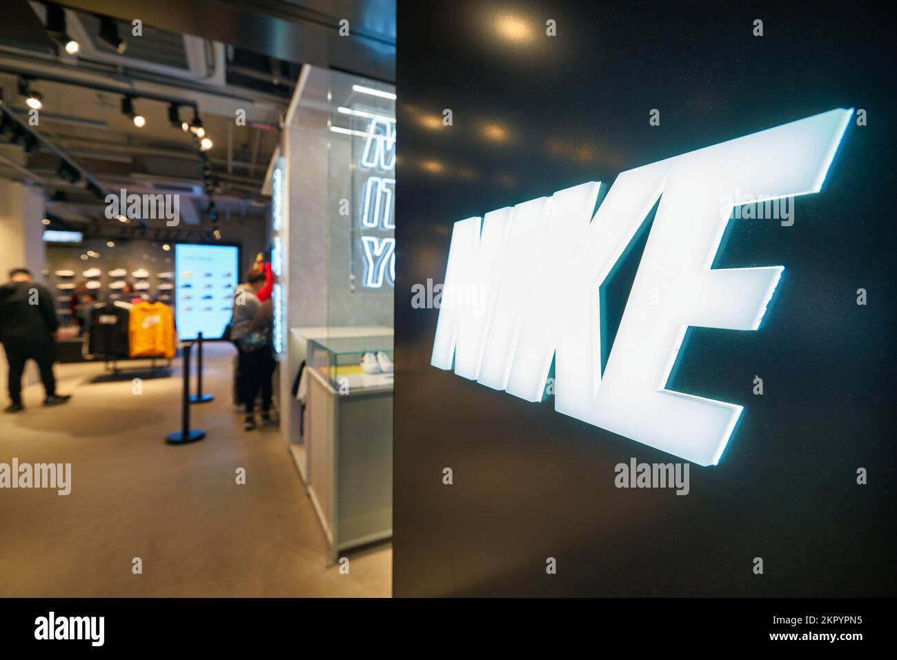HONG KONG - CIRCA DECEMBER, 2019: close up shot of Nike sign as seen in ...